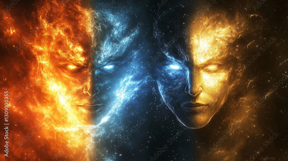 dynamic split image of face with fiery and icy elements, symbolizing ...