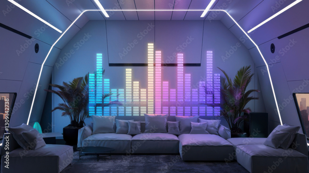 Futuristic living room with vibrant soundwave wall displays and modern ...