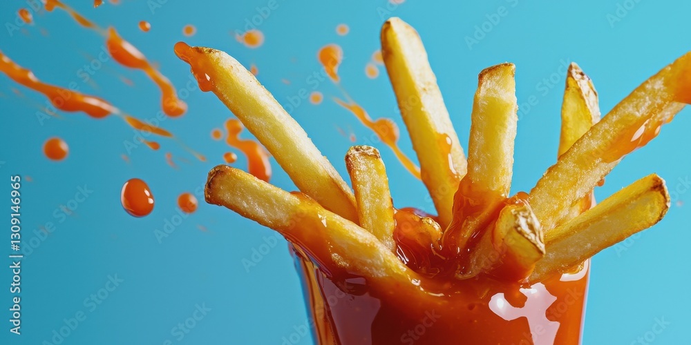 Floating French fries with ghost pepper hot sauce splashes on an ...