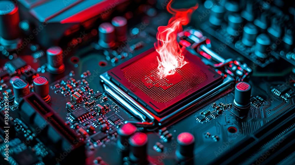 Close-up of a computer motherboard with a glowing red CPU and smoke ...