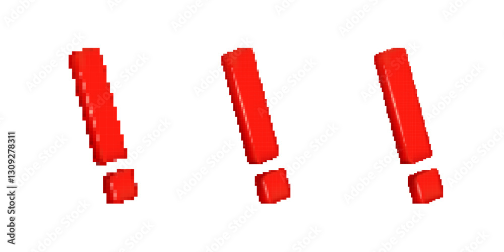 Three pixelated red exclamation marks with a glossy effect, designed in ...