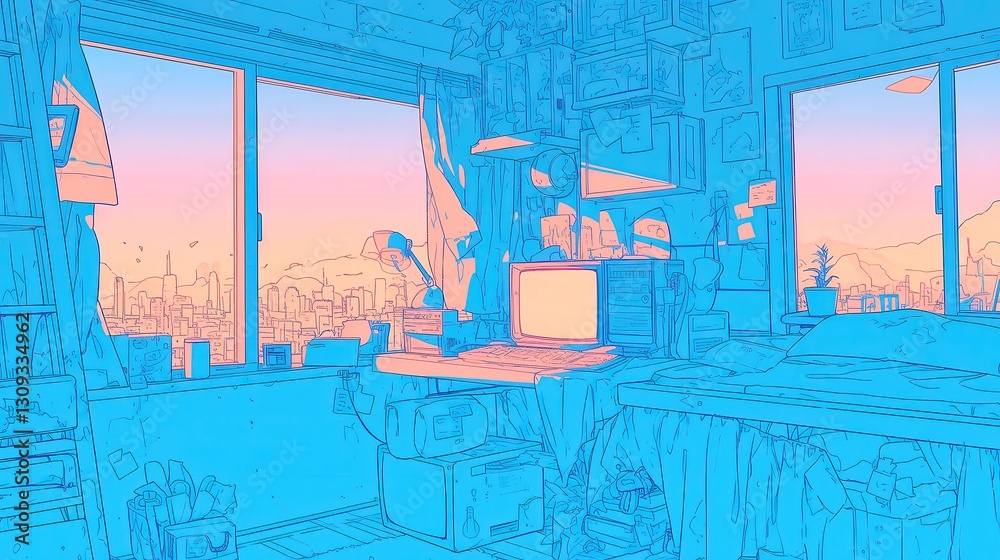Retro city pop anime bedroom fort, vibrant colors, bold outlines, fairy ...