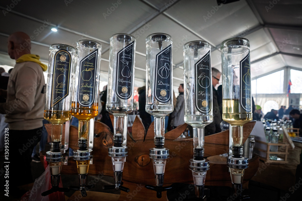 BACKI PETROVAC, SERBIA - FEBRUARY 12, 2025: Various bottles of rakija ...