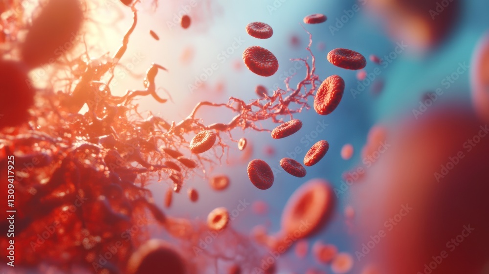 Microscopic view of red blood cells flowing through capillaries and ...