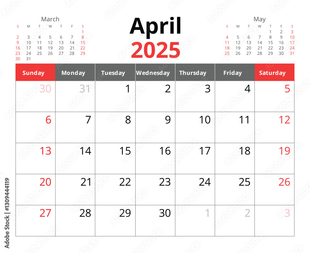 2025 april calendar. vector English monthly calendars. Design with ...