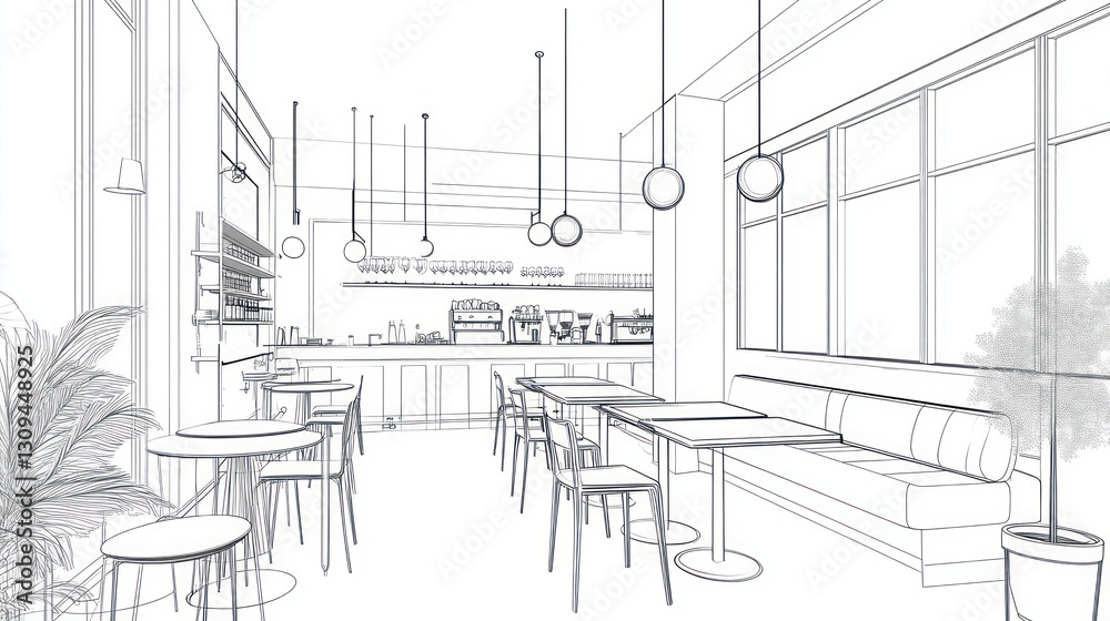 Cafe interior blueprint, modern design, empty space, architectural ...