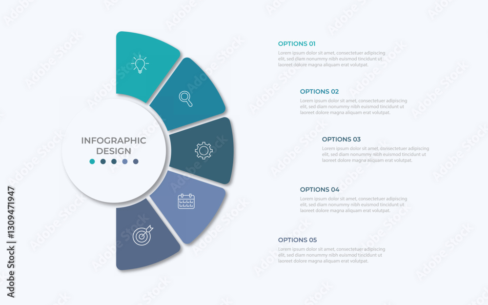 Semicircle pie chart divided into 5 parts. Concept of five step infographic Stock Vector | Adobe ...