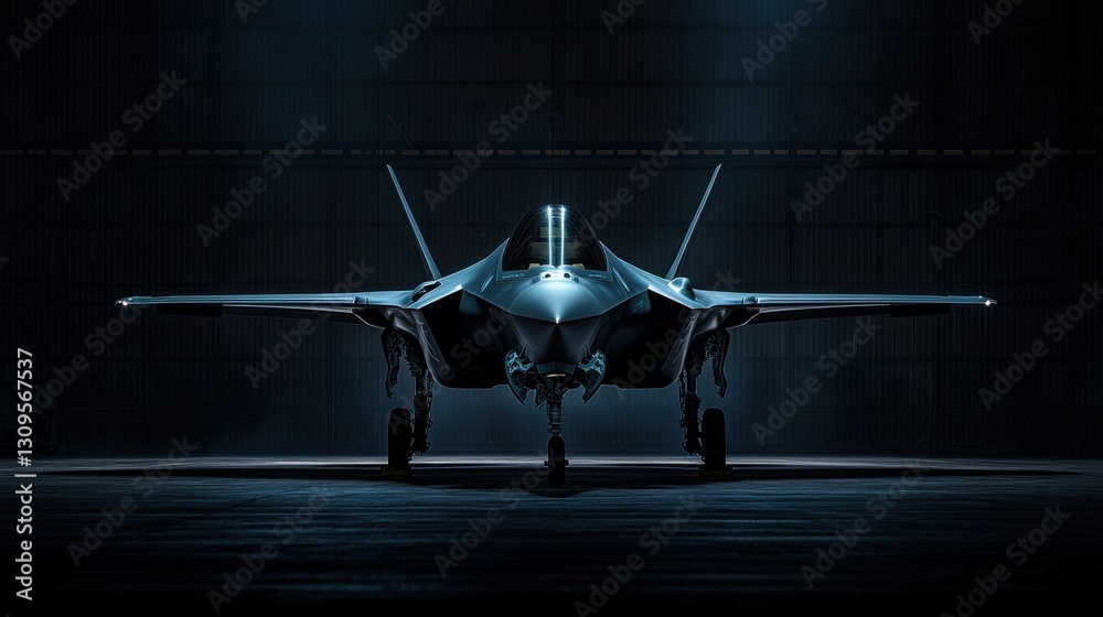 F-35 Lightning II stealth fighter jet parked in a dimly lit hangar ...