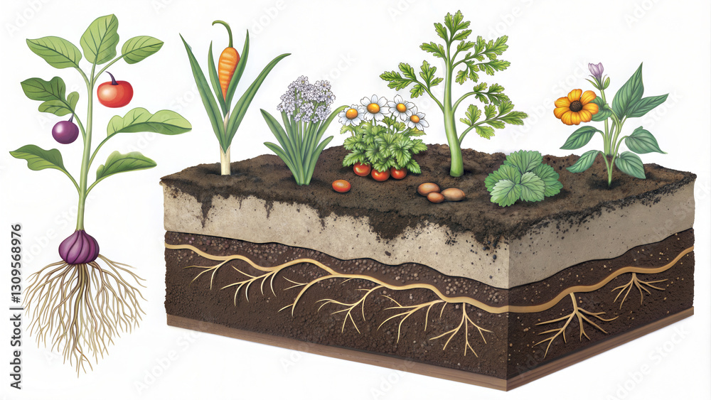 USA Farming Concept – Cross-Section of Soil with Growing Plants and ...
