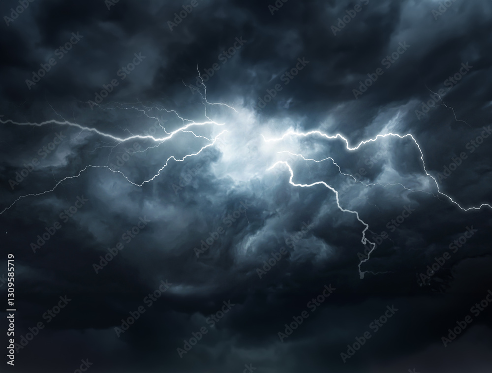 Thunderous dark sky with black clouds and flashing lightning. Panoramic view. Concept on the ...