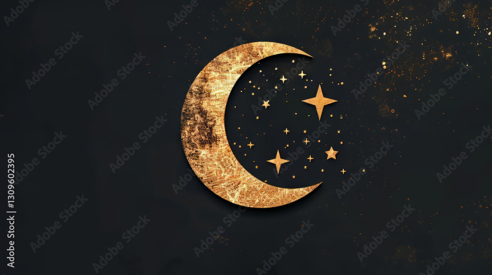 Golden crescent moon with stars on dark background,on Ramadan,Hari Raya ...