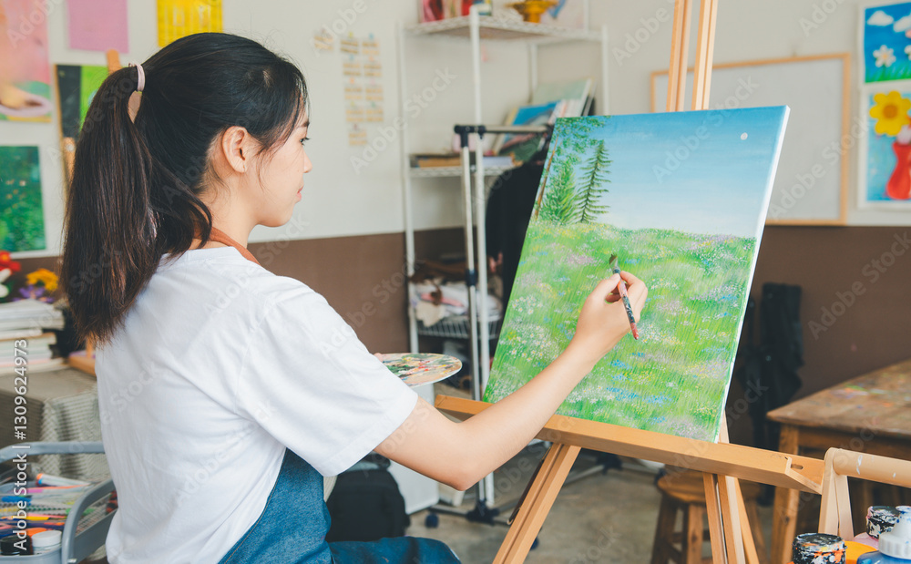 Art student drawing with watercolor painting on canvas doing some art ...