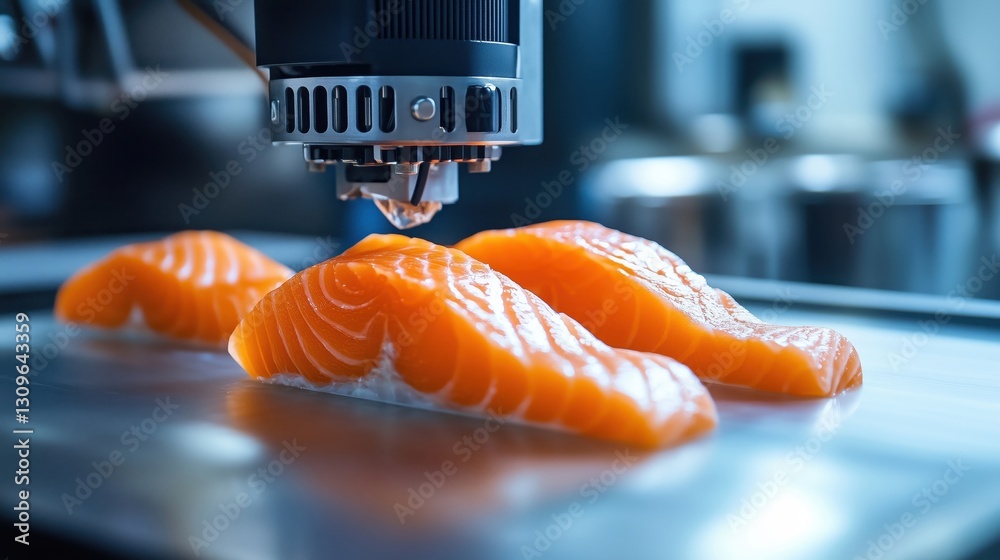Robotic arm injecting salmon fillet with preservatives in food ...