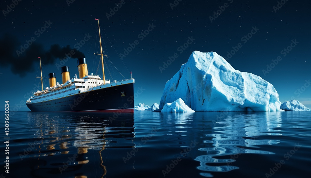 Titanic sailing ominously near massive iceberg under starry night ...