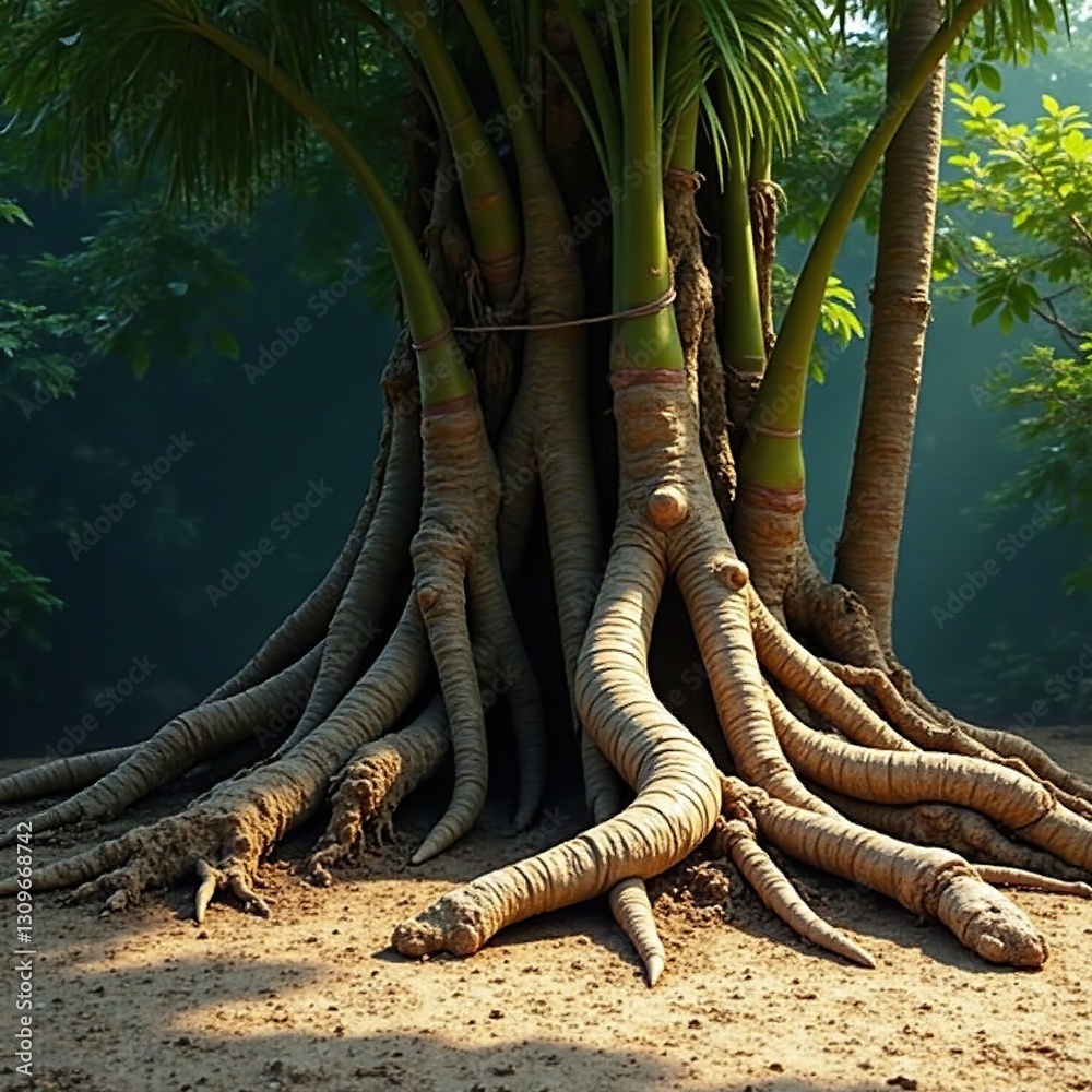 Palm tree roots and trunks intertwining with Giganotosaurus carolinii ...