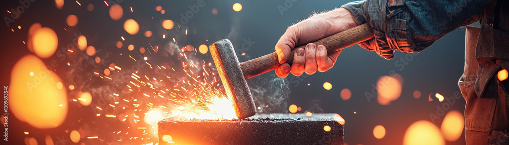 blacksmith hammering red hot metal on anvil, creating sparks and heat ...