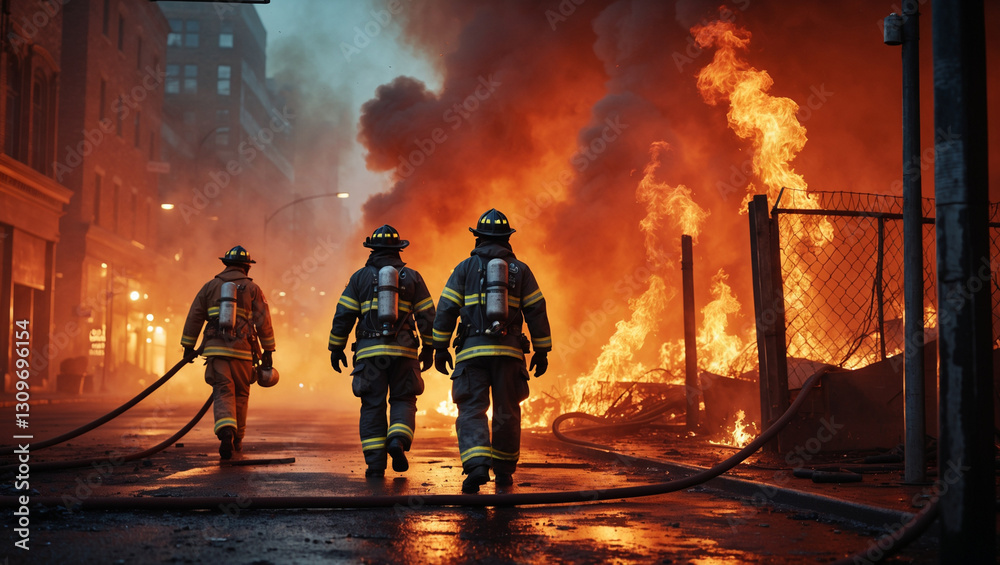 Firefighter Monitoring Drone Extinguishing Wildfire Blaze Intense ...