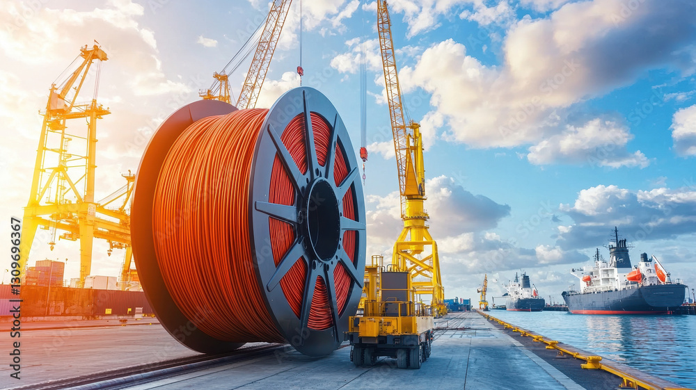 massive spool of submarine cable being transported at busy port ...