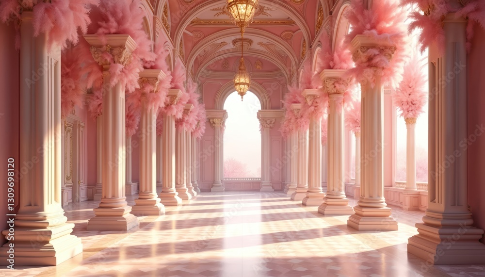 Palace interior with columns decorated with pink fluffy flowers. Castle ...