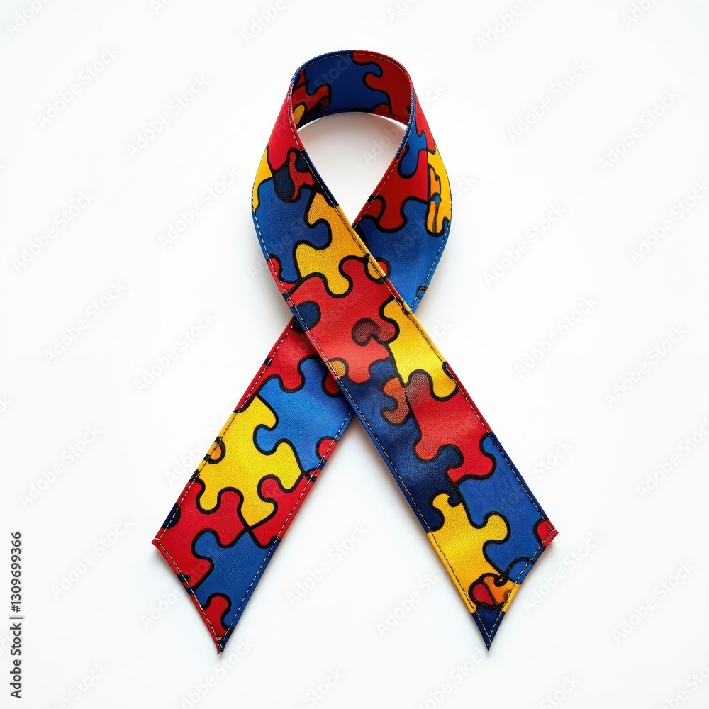 Puzzle pattern autism ribbon on white backdrop. Symbol of supporting ...