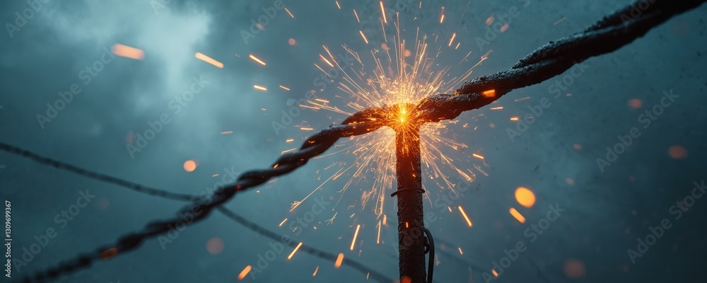 Damaged power lines sparking in stormy weather. Natural disaster theme ...