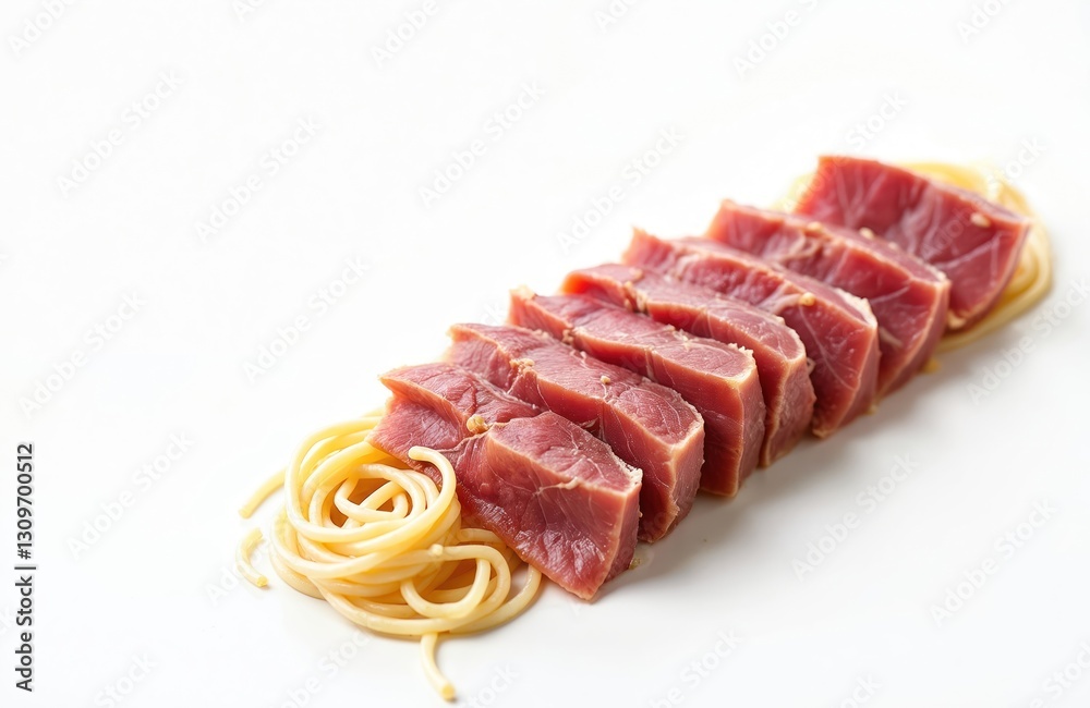 Close-up of sliced pork cheek on spaghetti. Classic italian carbonara ...
