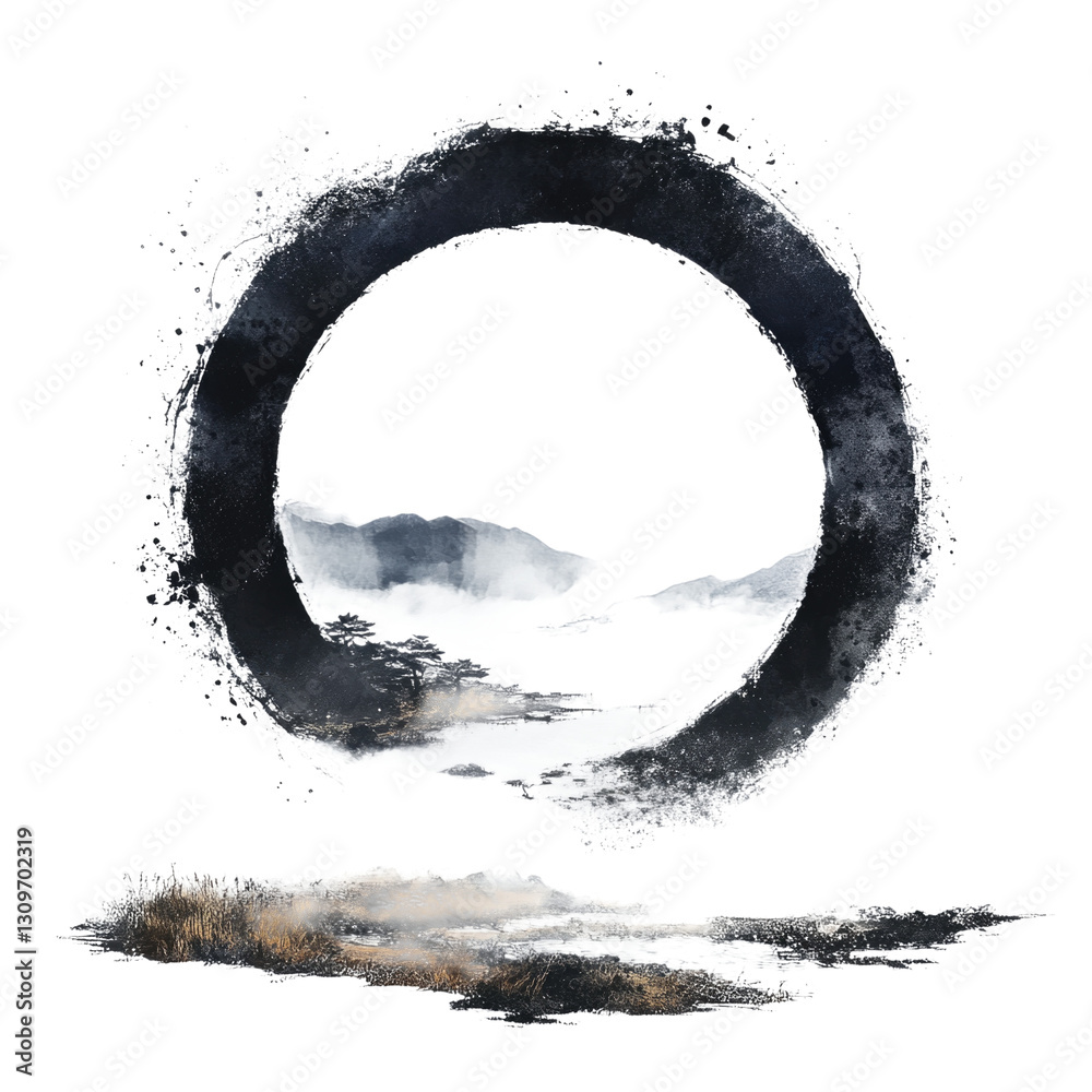 Artistic representation of an enso with misty mountains and landscape ...