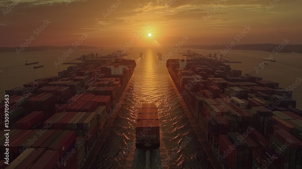 Panoramic aerial view of one world's largest container ports with massive cargo ships docked ...