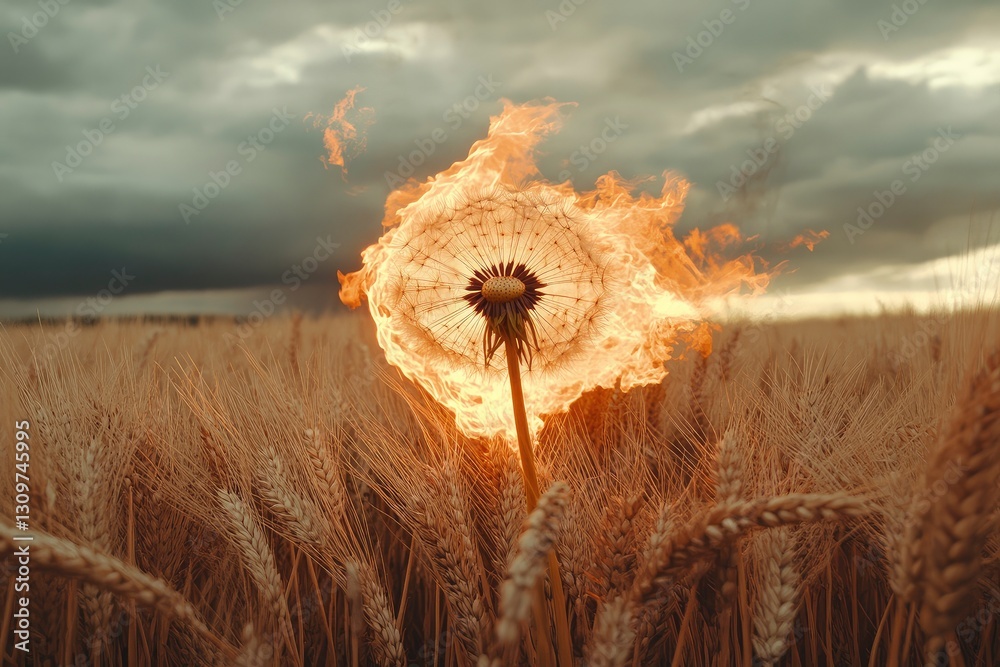 Dandelion on fire in a wheat field, like a scene from a music video ...