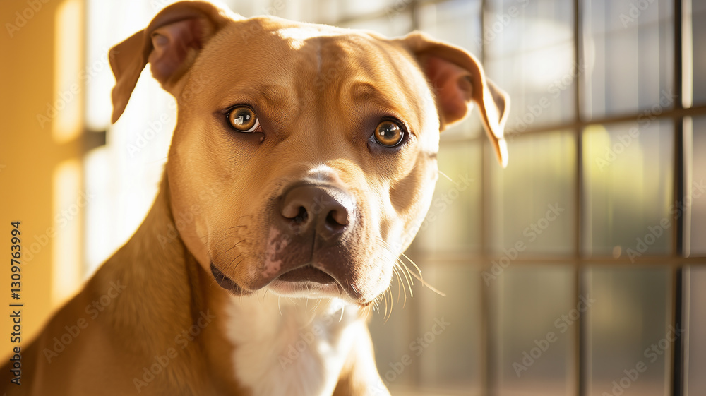 photograph of a rescue dog in a shelter, looking hopeful with bright ...