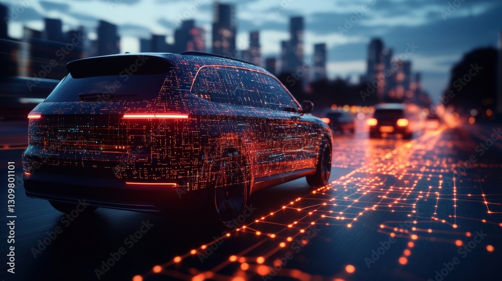 Dynamic scene of a car driving along a bustling city street with ...