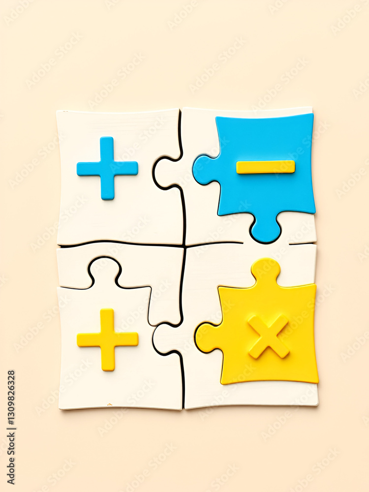 jigsaw puzzle with plus, minus, multiplication and division symbols ...