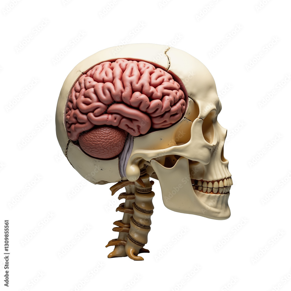 Human skull model showing detailed brain structure and vertebral column ...