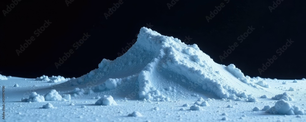 Drifting snow forms a massive mound isolated on black background, dark ...