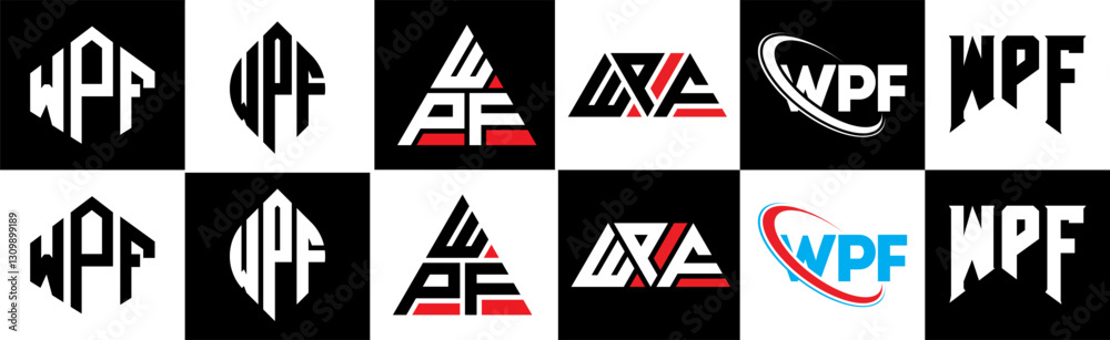 WPF letter logo design in six style. WPF polygon, circle, triangle ...