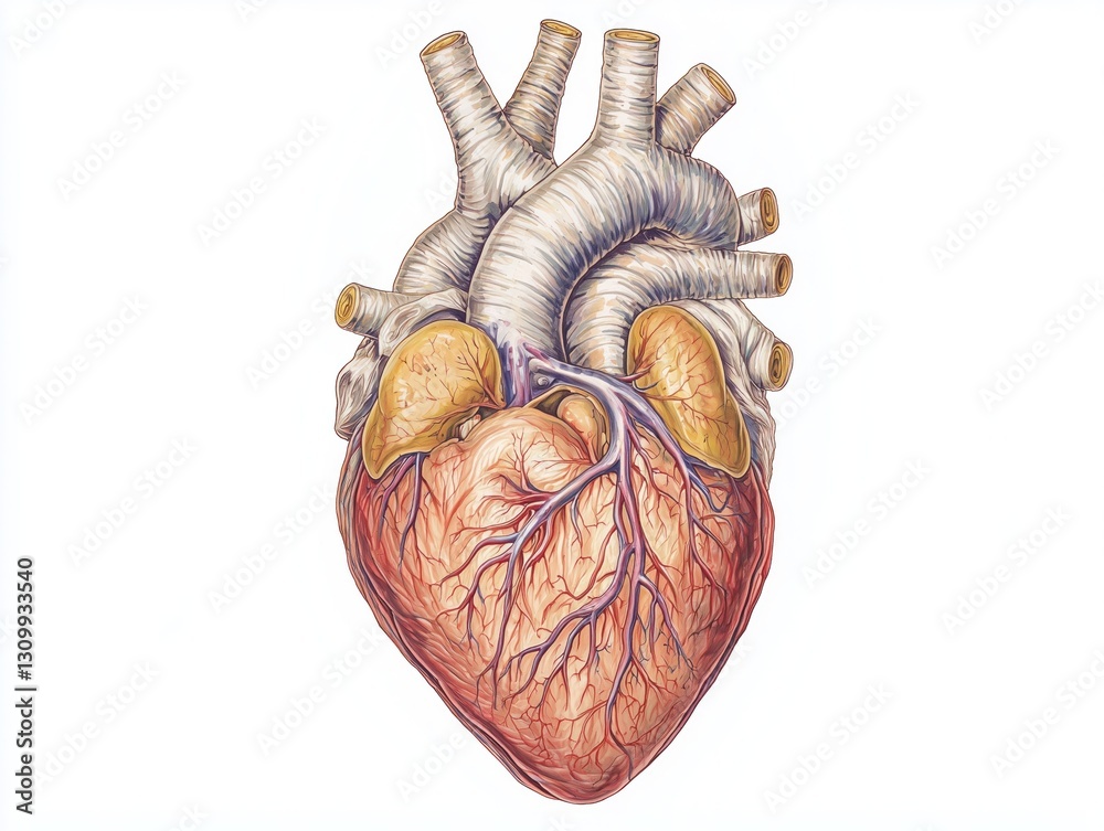 Medical illustration of a human heart, displaying arteries, veins, and ...