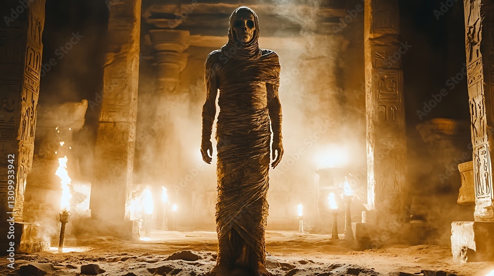 Mummy figure in ancient Egyptian temple, shrouded in mystery, torches ...