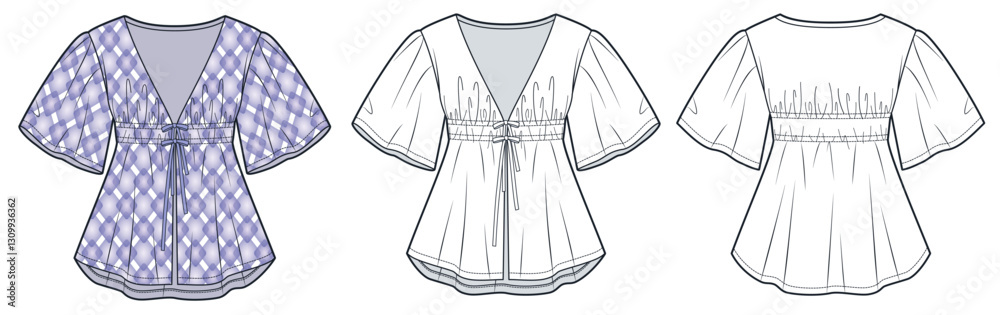 Puff Sleeve Blouse with Ties technical fashion Illustration. Tunic ...