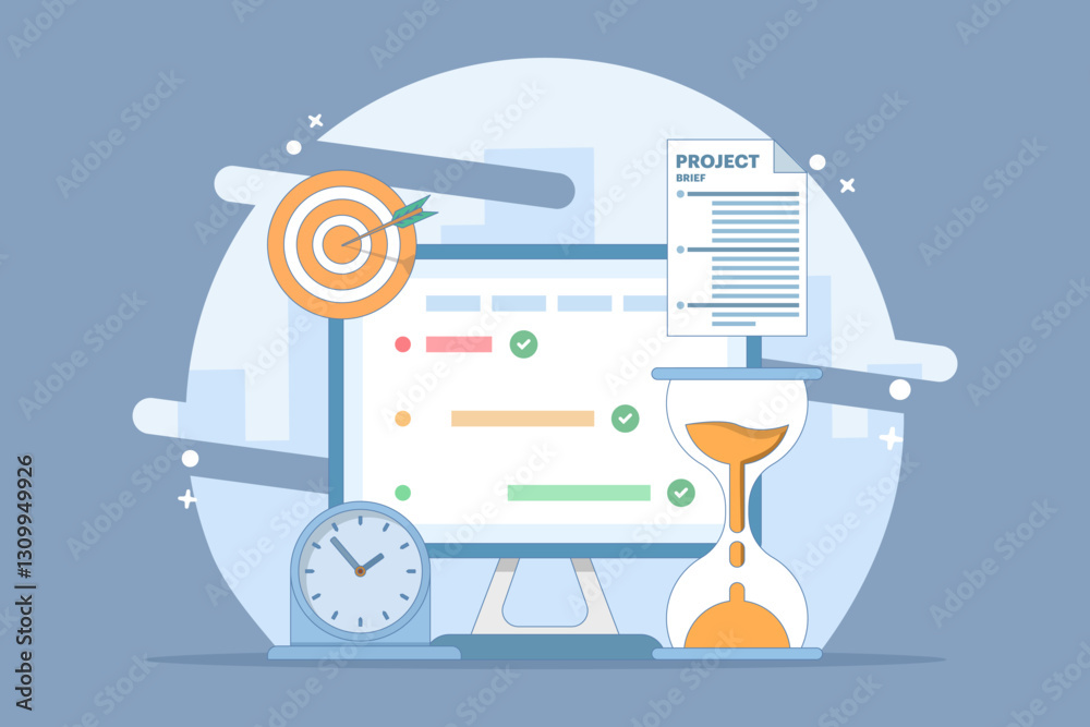 Project management concept, compiling program checklist on laptop ...