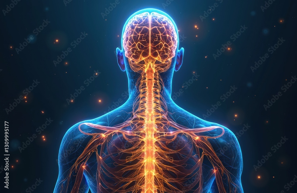 Human anatomy with glowing neural connections. Body viewed from behind ...