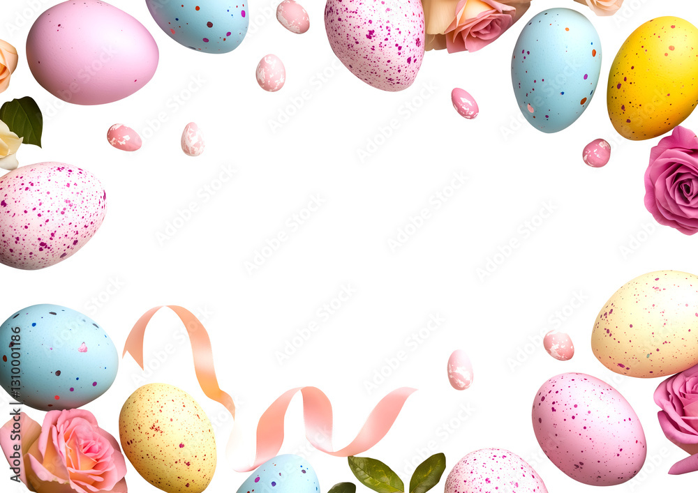 Easter colourful hand painted pastel eggs, ribbon, rose flower ...