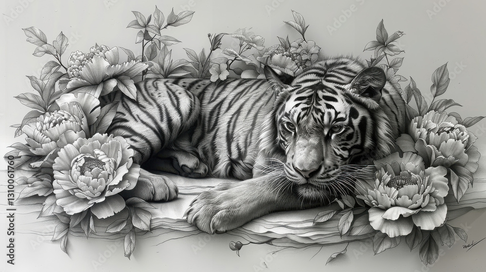 Full body bengal tiger crawling downwards with peonies flowers ...