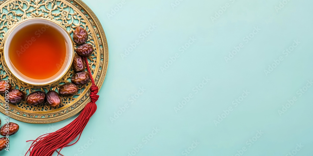 golden tray adorned with Muslim prayer beads, dates, and Arabic tea ...