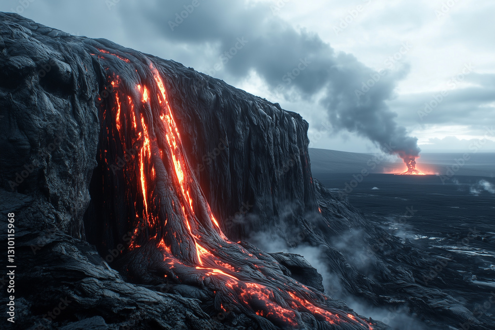 lava flow from the top of the cliff due to a volcanic eruption Stock ...