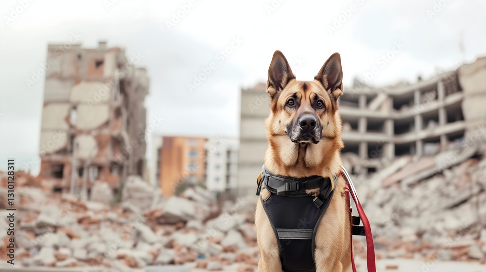 German shepherd in red rescue harness lying among rubble of collapsed ...