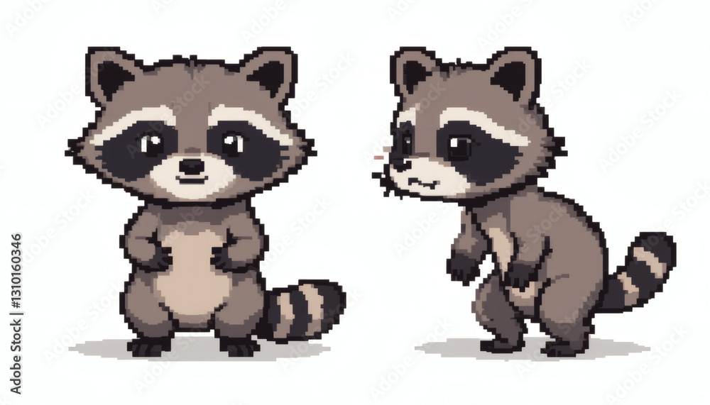 Pixelated 8-bit raccoon, isolated on a white background, shown in two ...