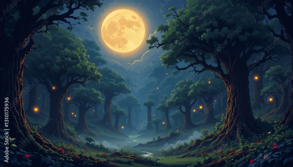 8-bit pixel-art enchanted forest under full moon, glowing misty trees, mysterious floating orbs ...