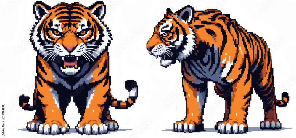 Pixelated 8-bit tiger in bold retro game style, isolated on white ...