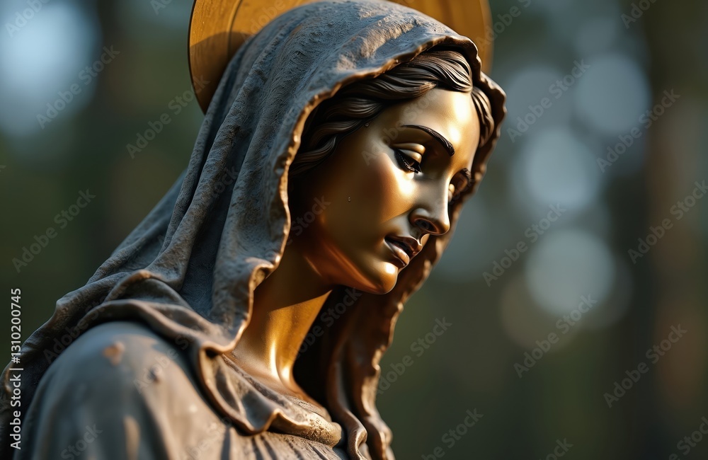Profile view of Virgin Mary statue with lowered head, golden halo ...
