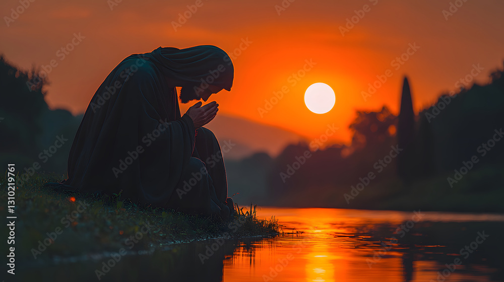 Easter, lonely Jesus Christ praying in the Garden of Gethsemane at the ...